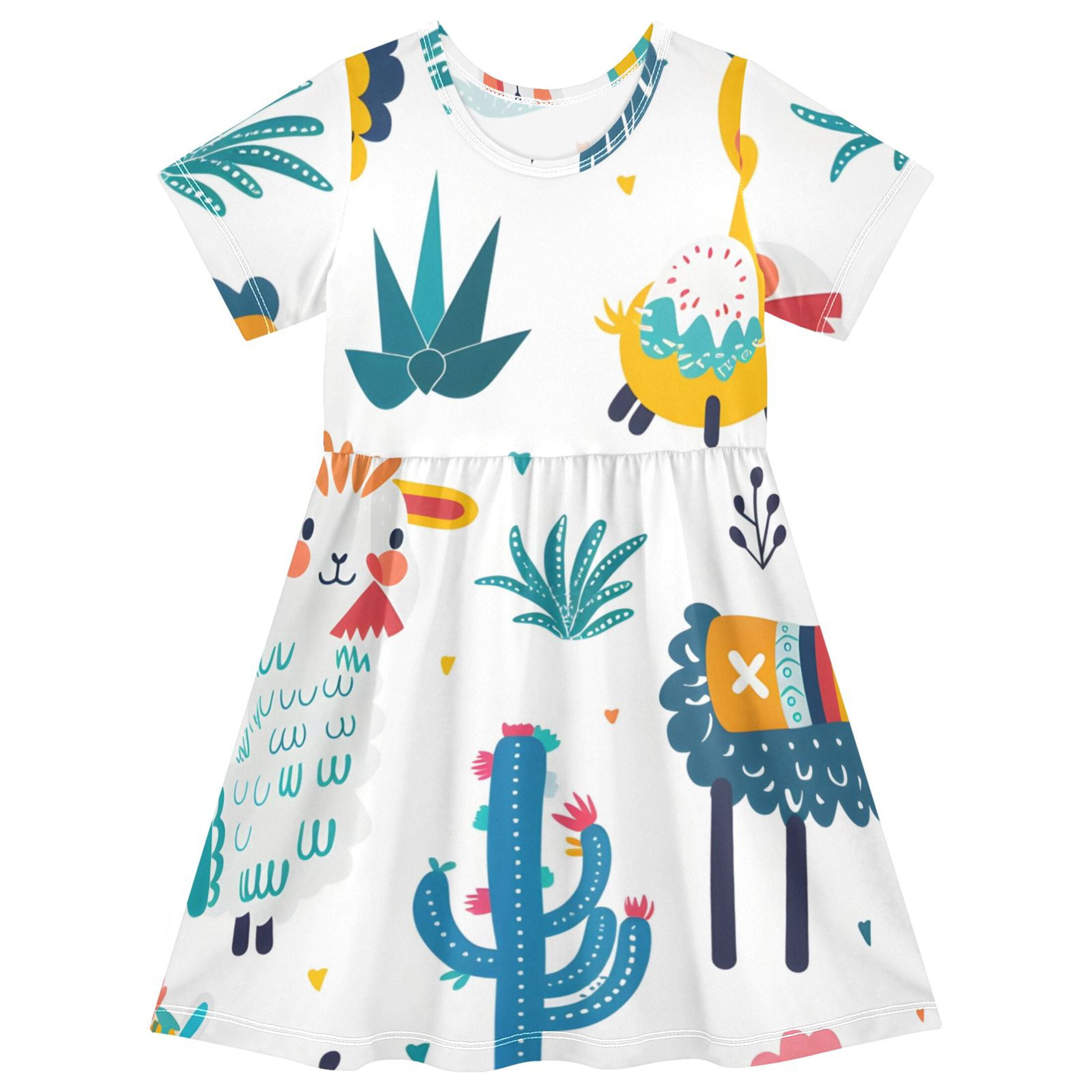 Colorful Doodle Sheep Cactus Girls' Short Sleeve Dress A-Line One-Piece ...