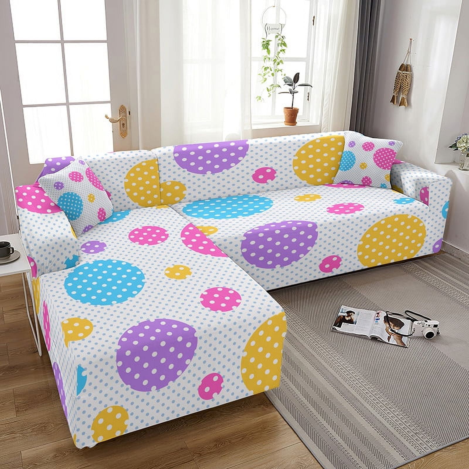 Colorful Dots Combination Sofa Cover Cute Corner Slipcover Stretch 1/2 ...