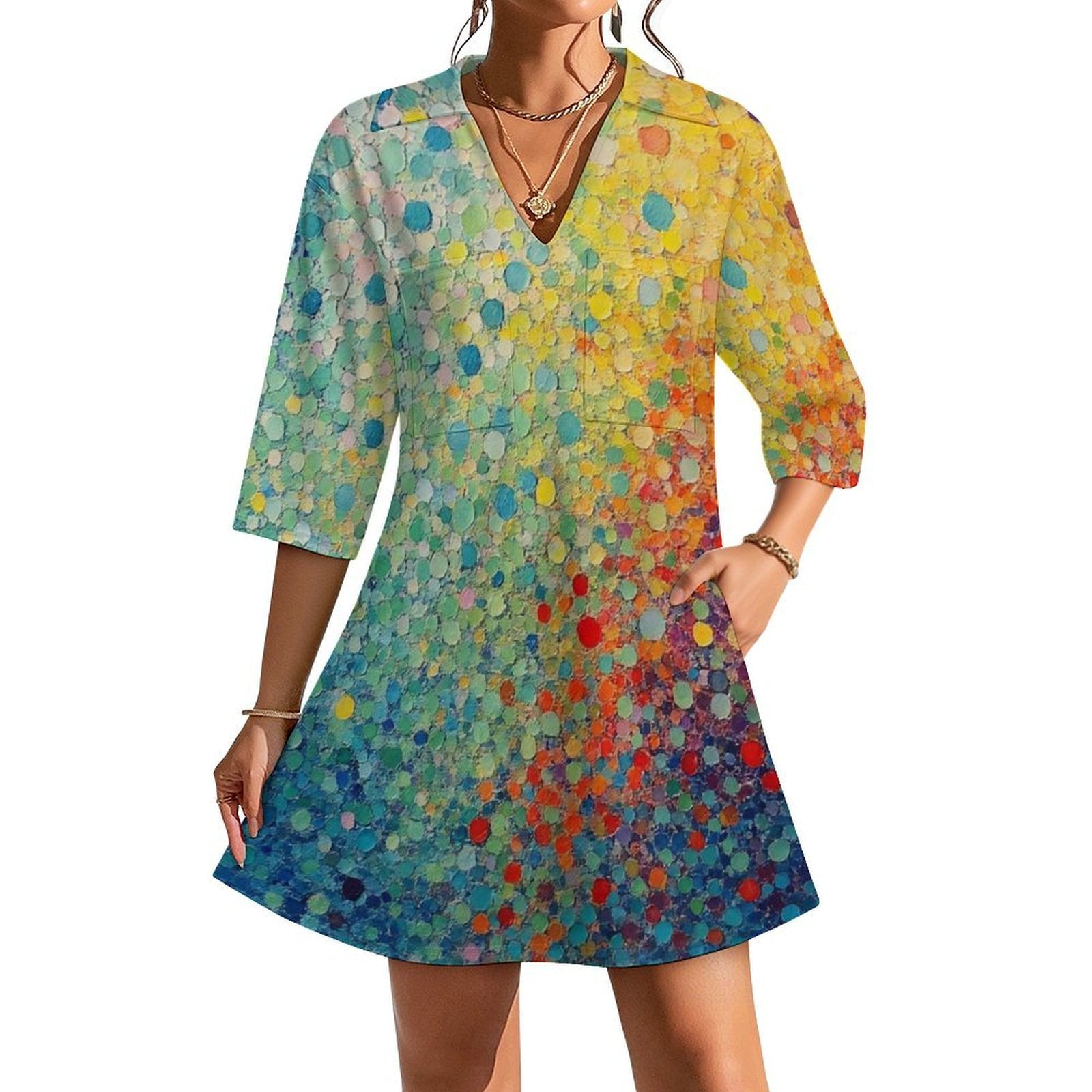 Colorful Dots Rainbow Textured Art Womens Dress With Pockets Summer V ...