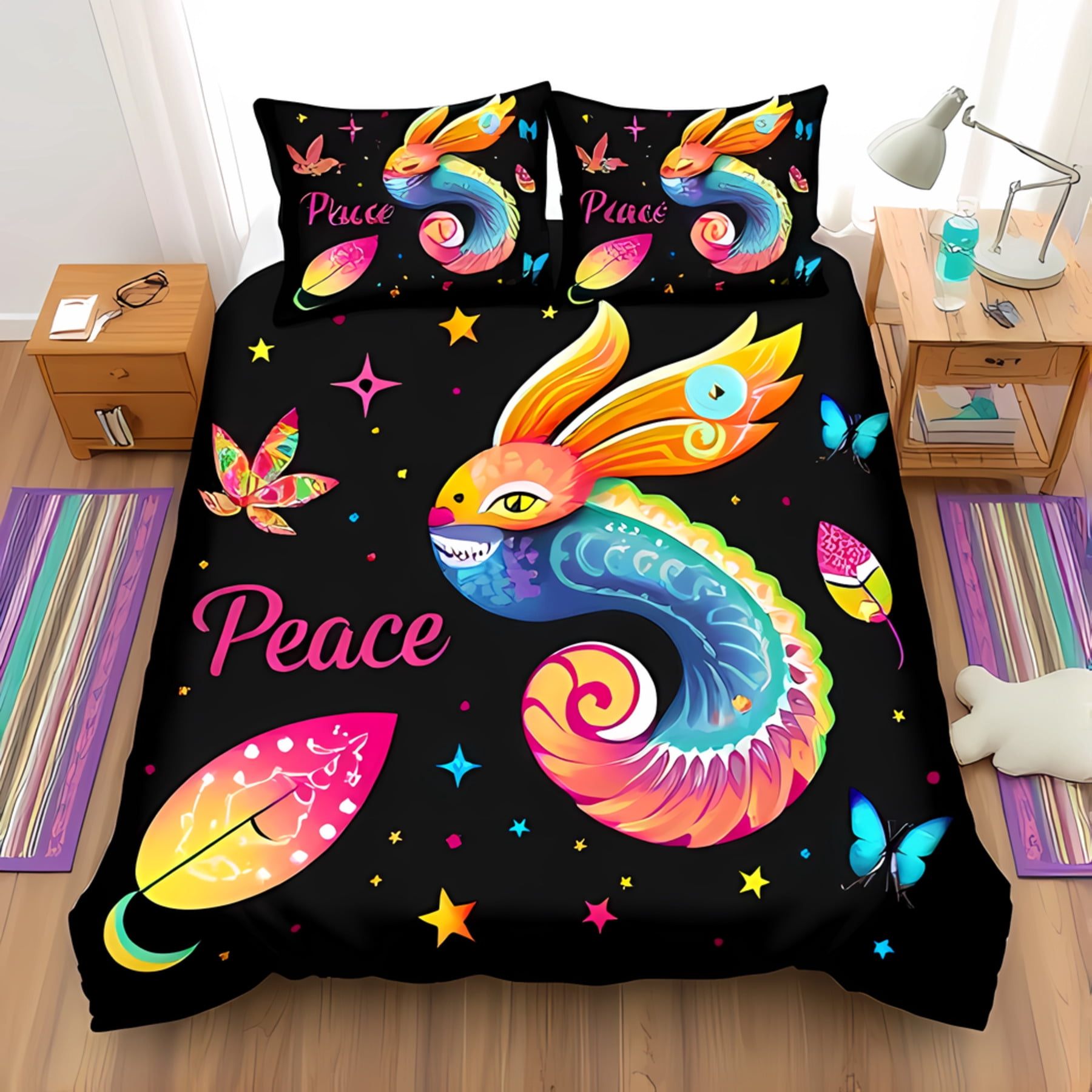 Colorful Dragon Duvet Cover Set - Whimsical 3-Piece Bedding with Stars ...