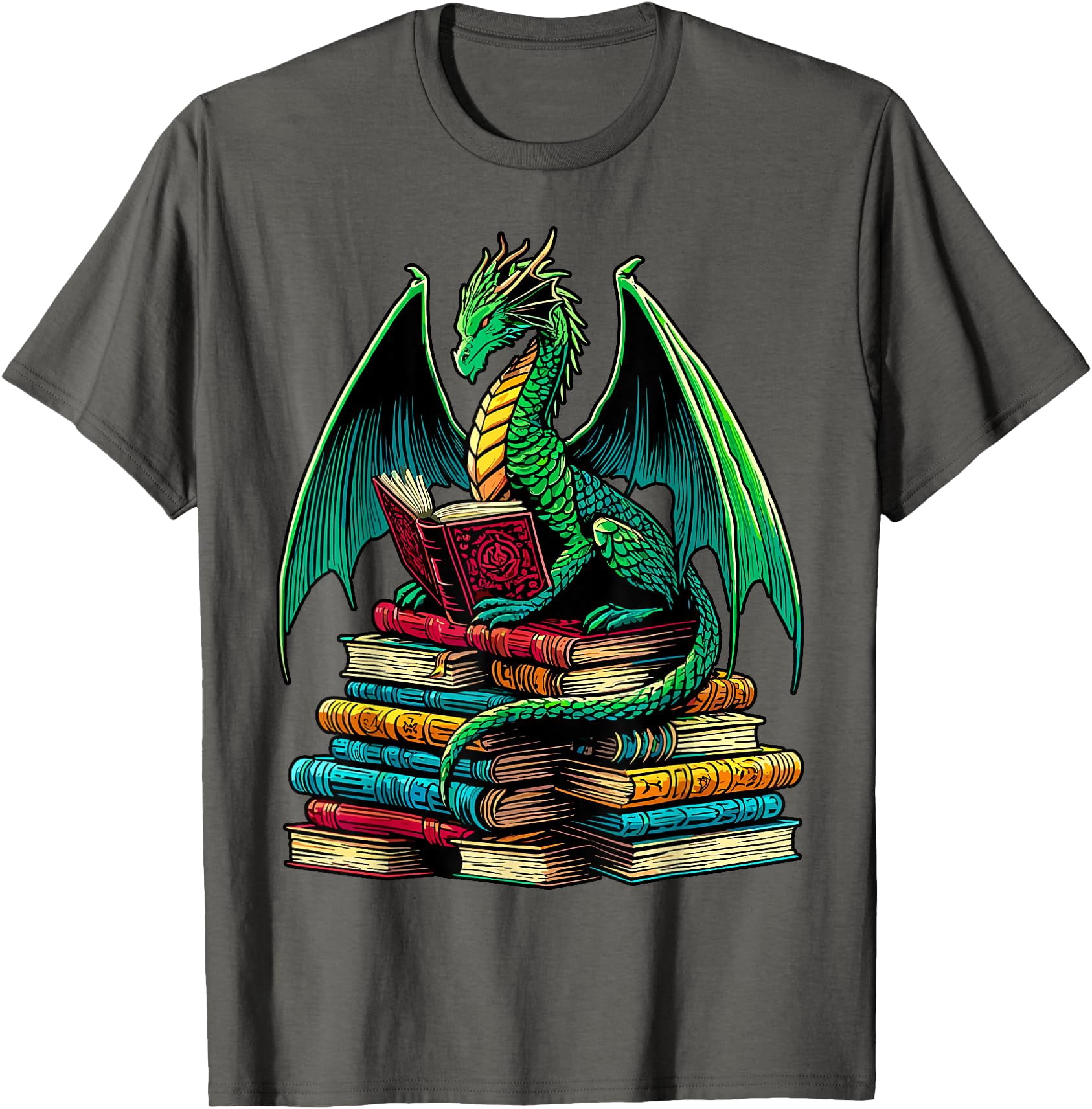 Colorful Dragon Reading Books T-Shirt for Book Lovers and Fantasy ...