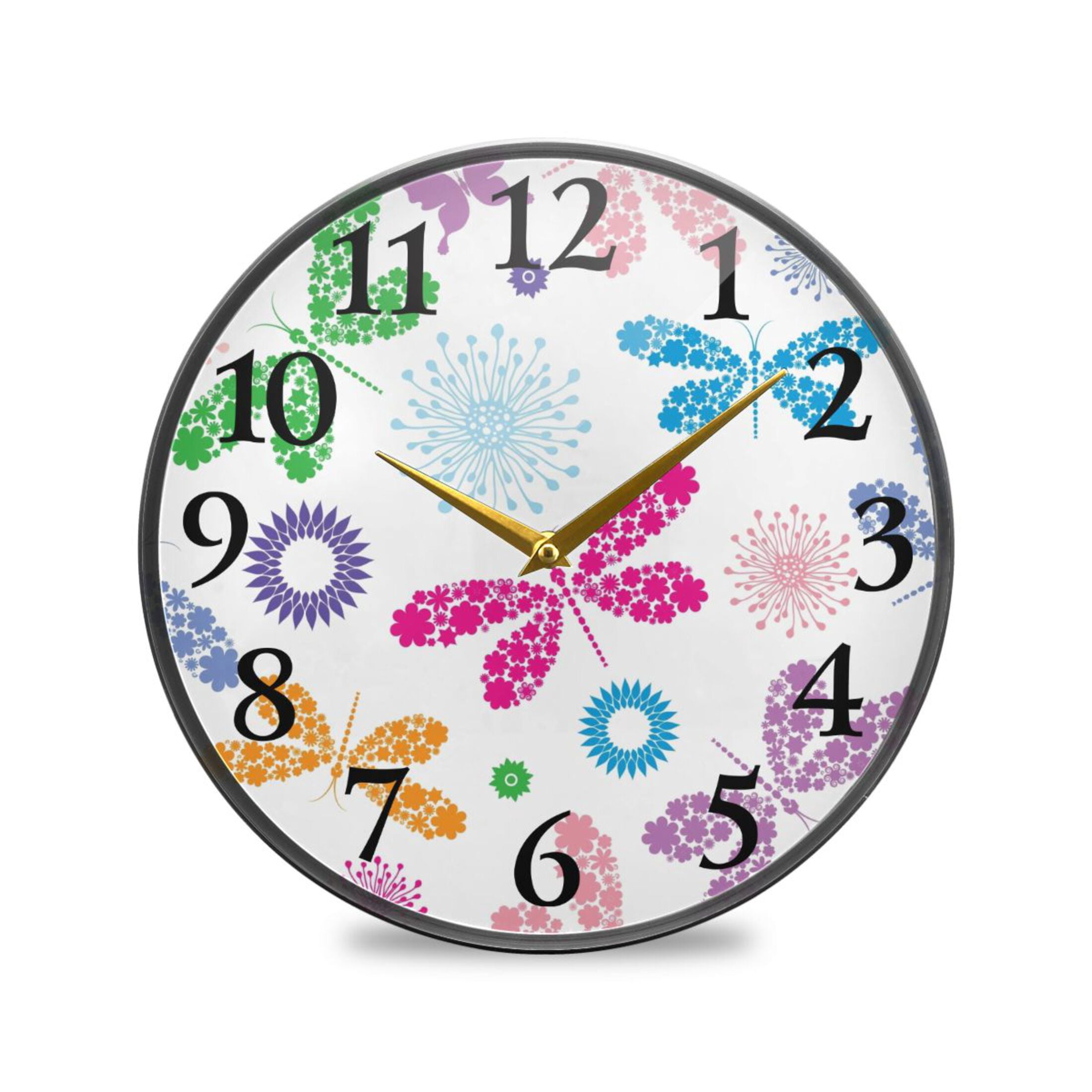 Colorful Dragonflies Flowers Wall Clocks Battery Operated 11.9 Inch ...