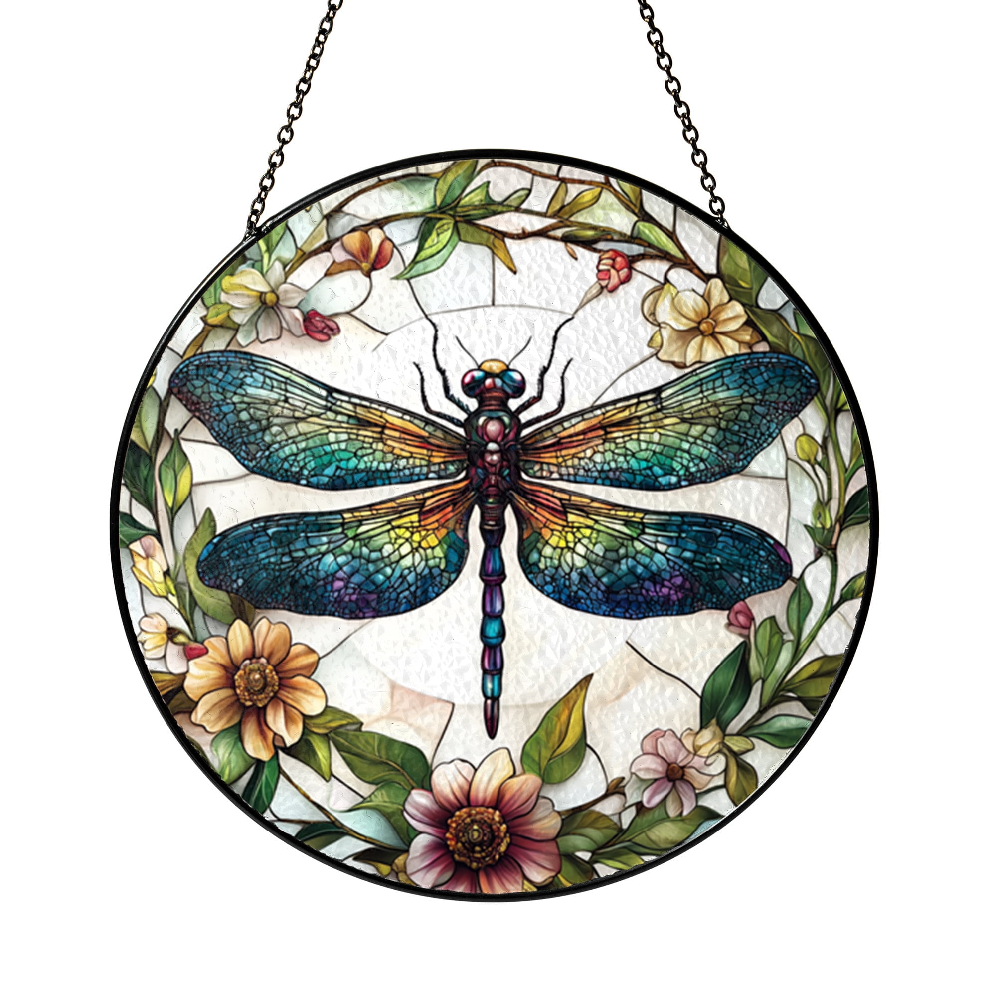Colorful Dragonfly Floral Window Hanging – Stained Glass Style Nature ...