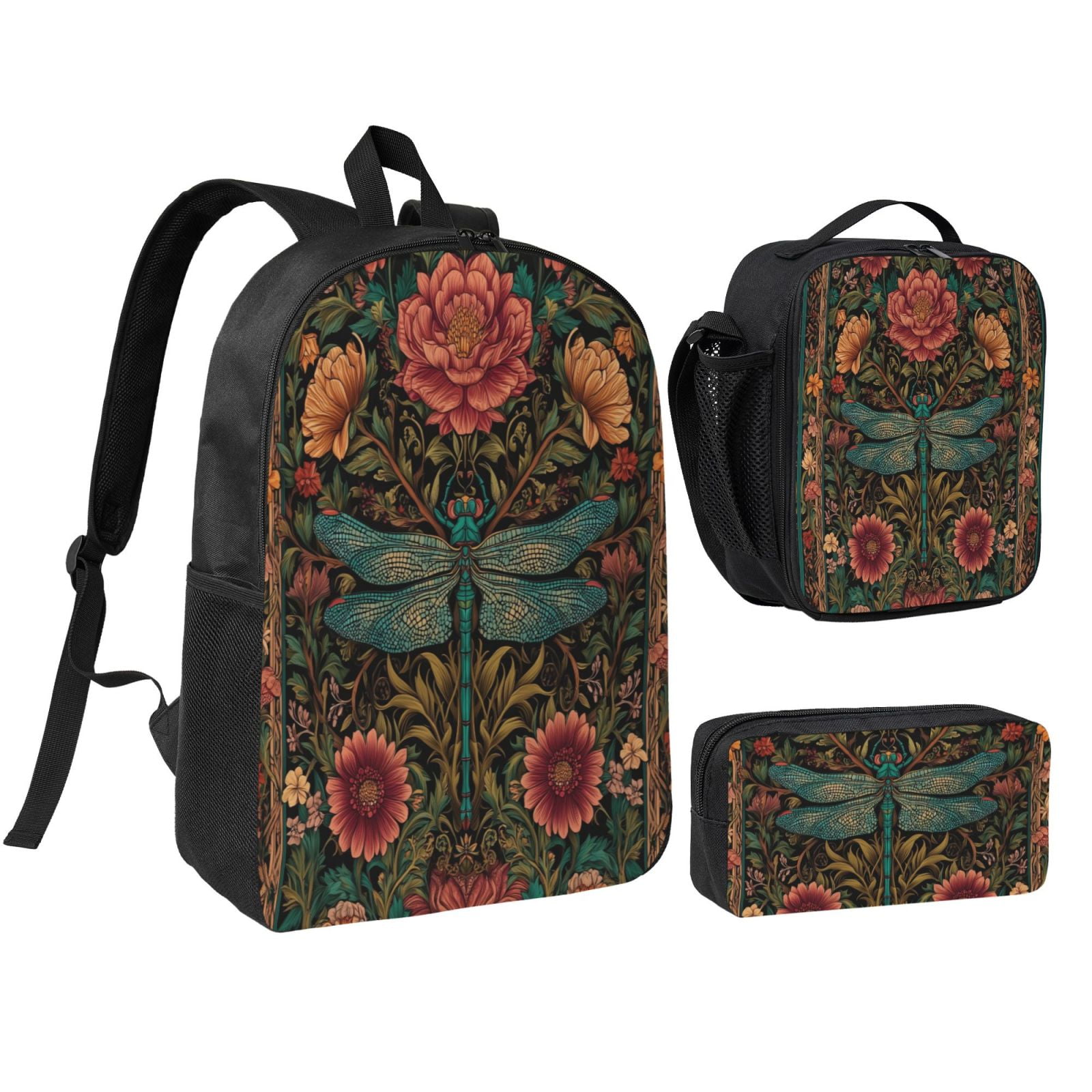 Colorful Dragonfly Pattern Backpack 17 Inch Set with Lunch Bag and ...