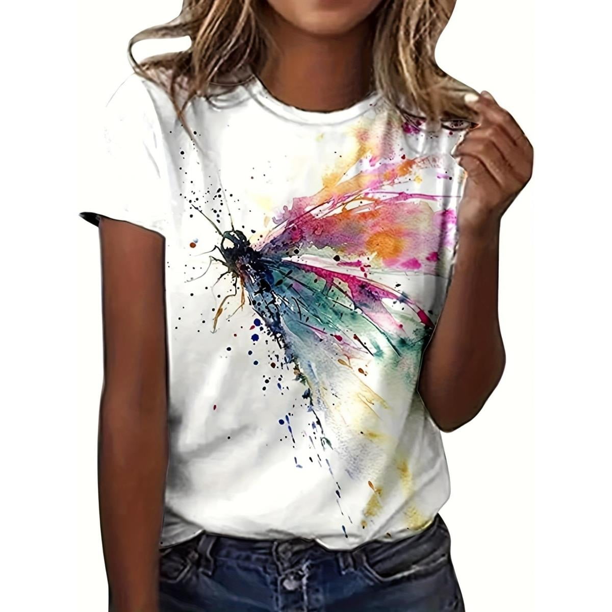 Colorful Dragonfly Print Crew Neck T-Shirt, Casual Short Sleeve T-Shirt ...