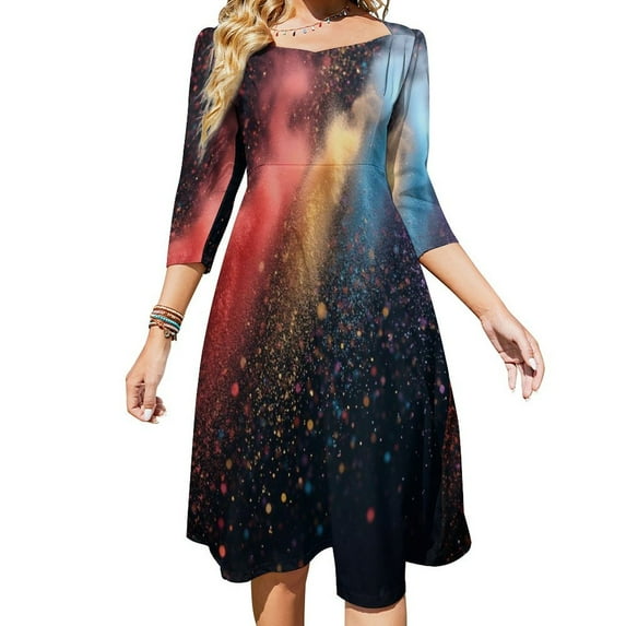 Colorful Dust Explosion Texture Flare Dress Square Neck Dress Elegant ...