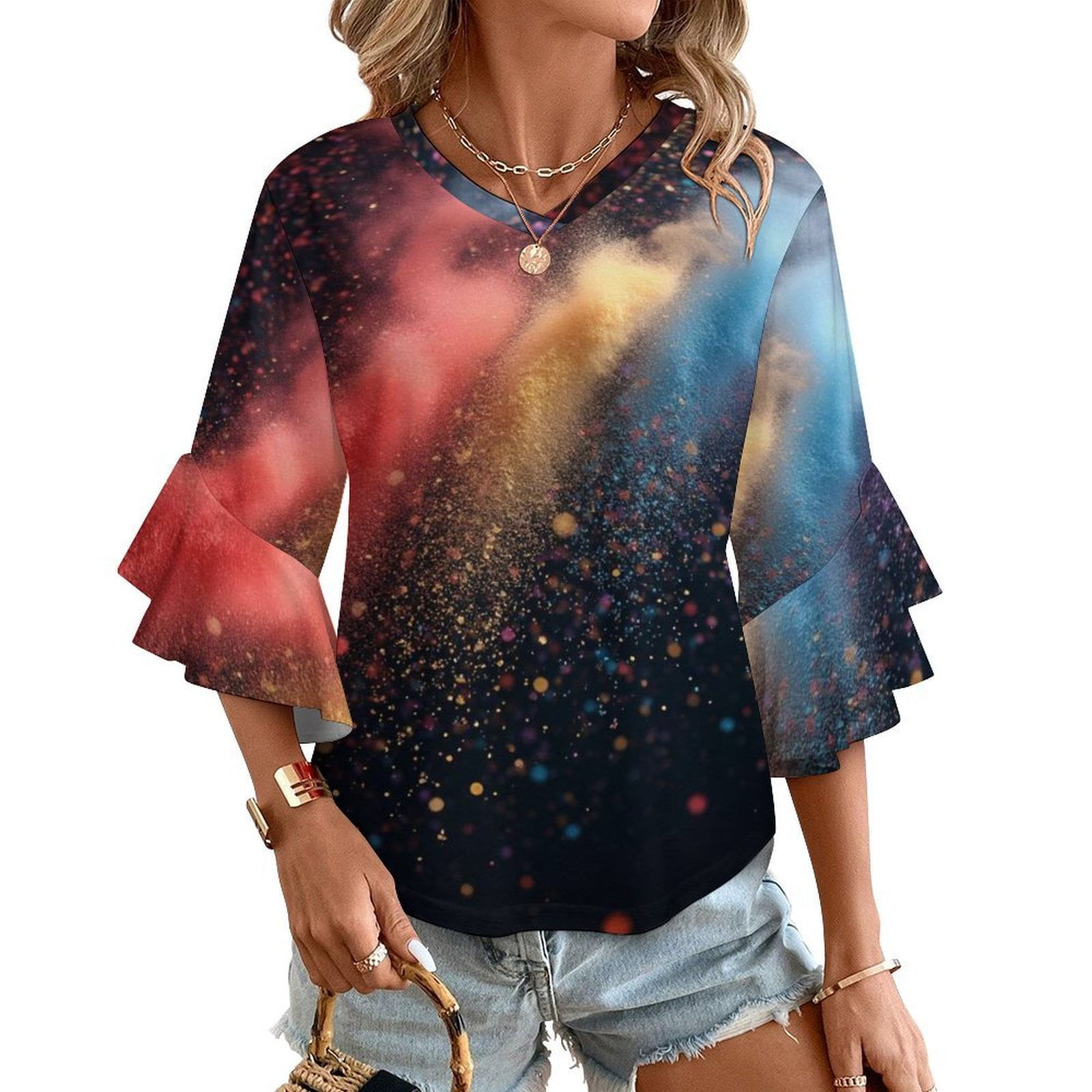 Colorful Dust Explosion Texture Women's V-Neck Blouse With 3/4 Ruffled ...