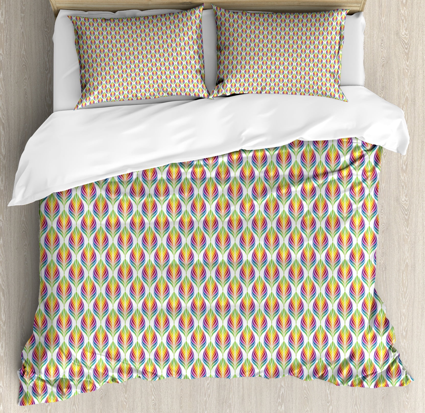 Colorful Duvet Cover Set, Abstract Rainbow Colored Art of Leaf Look ...