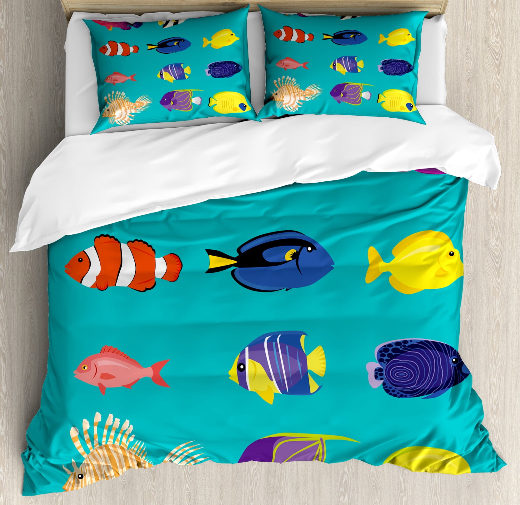 Colorful Duvet Cover Set, Aquatic Scene of Different Fish Shapes and ...