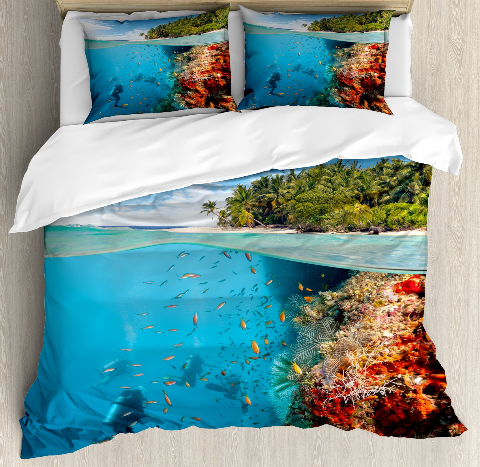 Colorful Duvet Cover Set, Exotic Tropical Theme Image of Scuba Divers ...