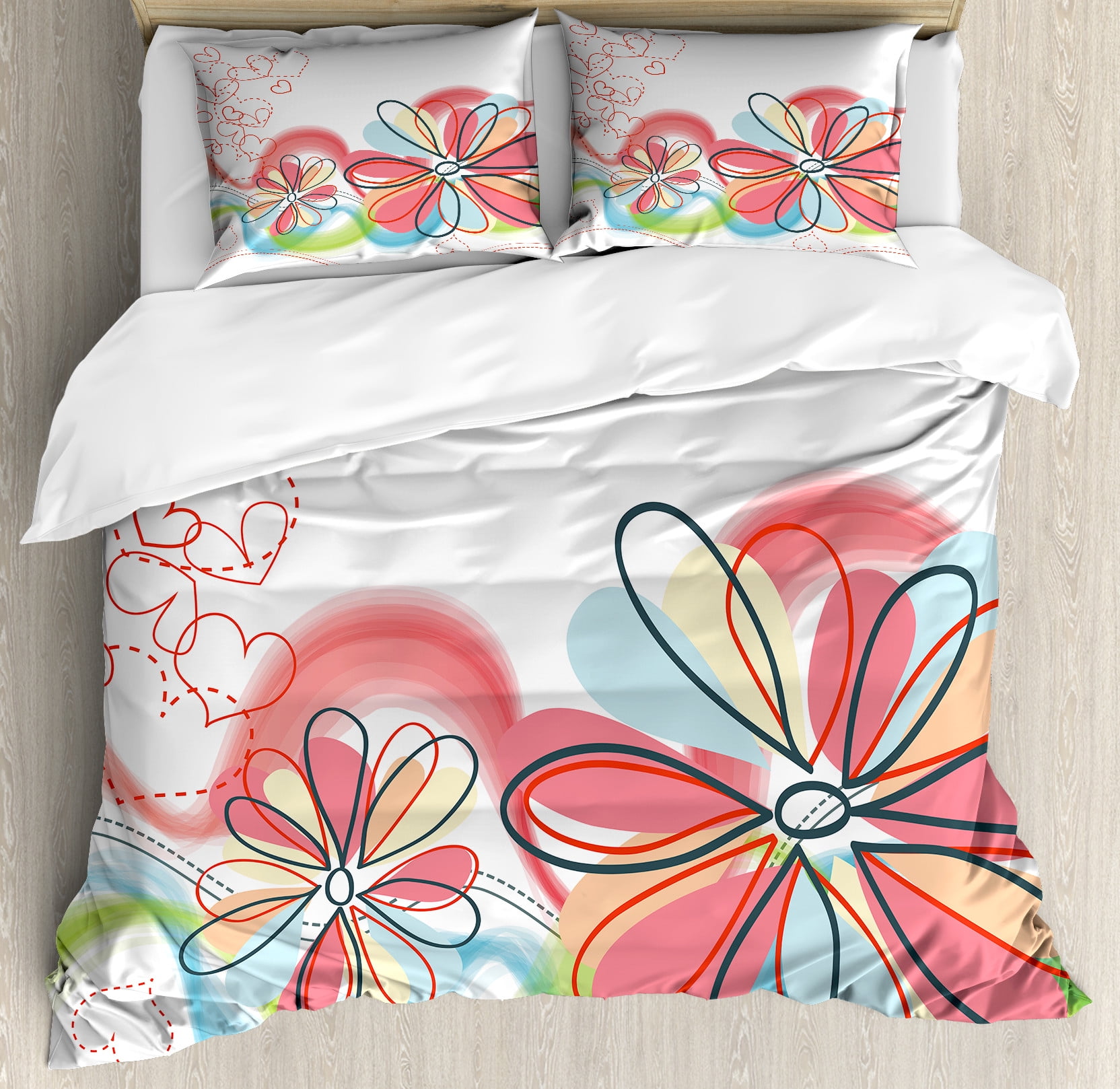 Colorful Duvet Cover Set, Floral Haze Pattern with Heart Love Spring ...