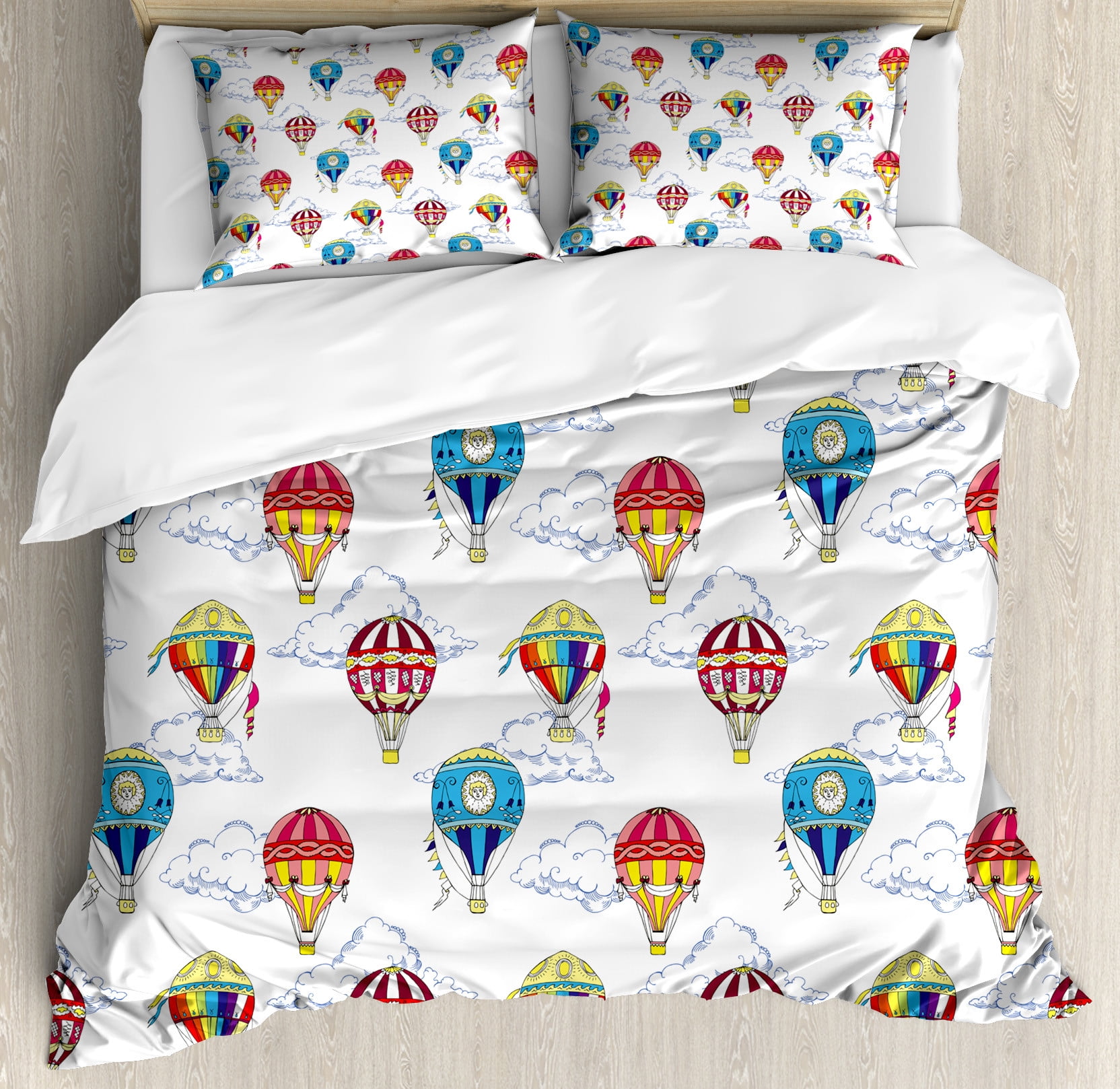 Colorful Duvet Cover Set, Hand Drawn Sketches Clouds and Hot Air ...
