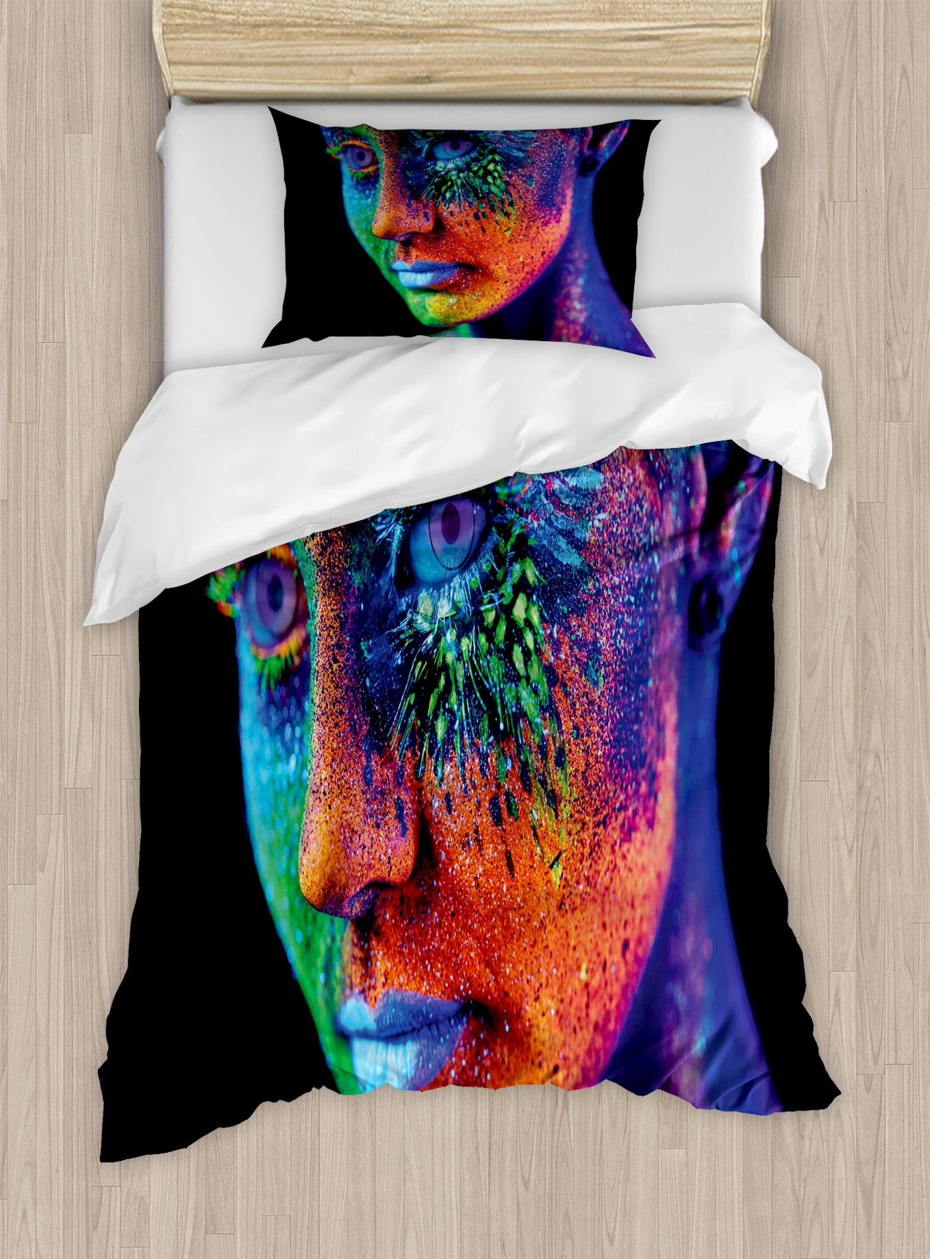 Colorful Duvet Cover Set, Highly Detailed Ultraviolet Woman Face ...