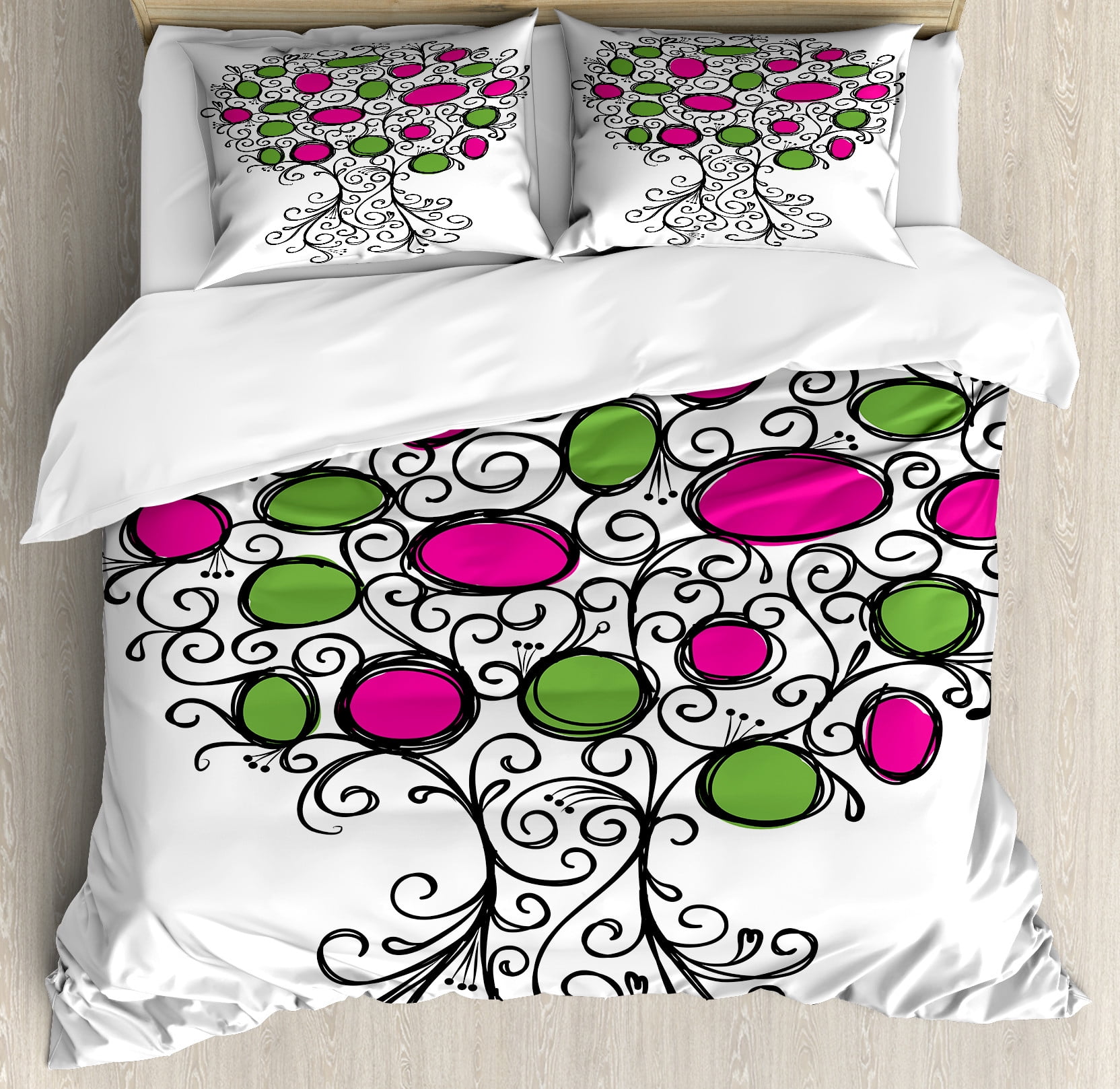 Colorful Duvet Cover Set, Magenta Colored Ovals and Curlicue Swirls ...