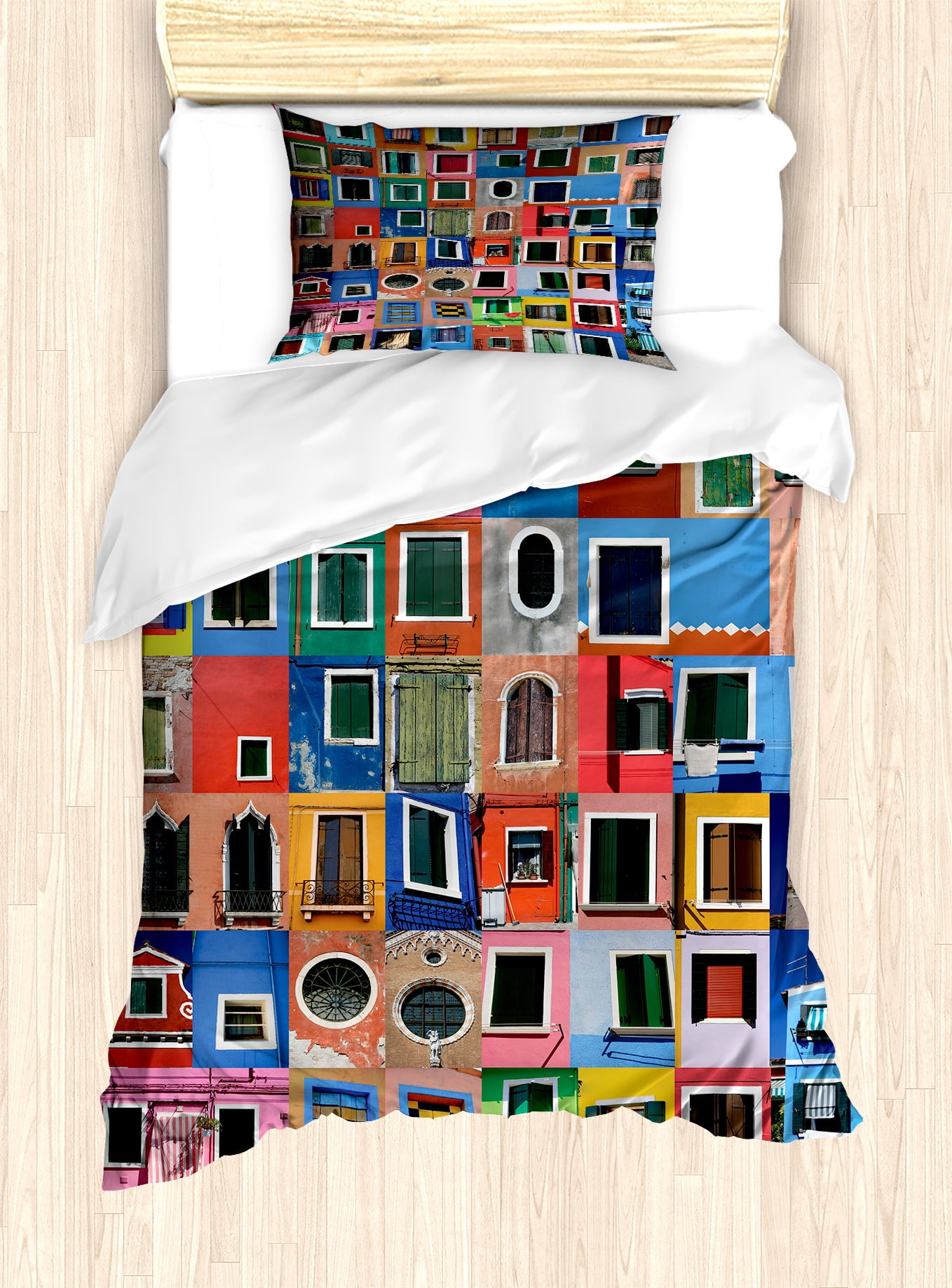 Colorful Duvet Cover Set, Mediterranean Village Colorful Painted Rustic ...