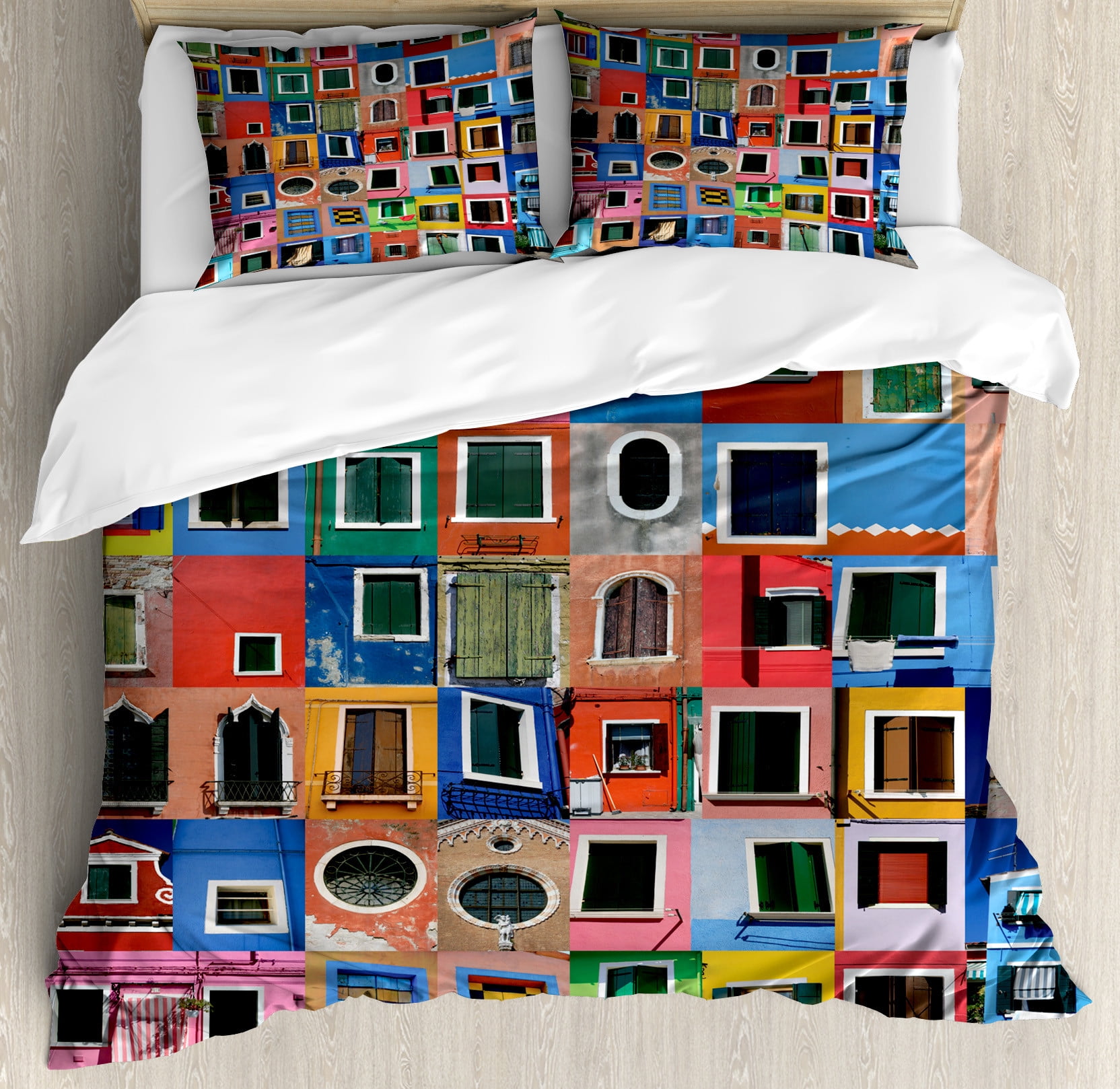 Colorful Duvet Cover Set, Mediterranean Village Colorful Painted Rustic ...