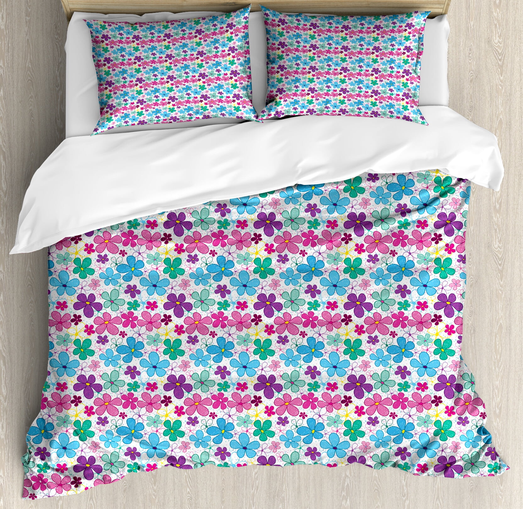 Colorful Duvet Cover Set, Print of Floral Theme Flowers Along Dots in ...
