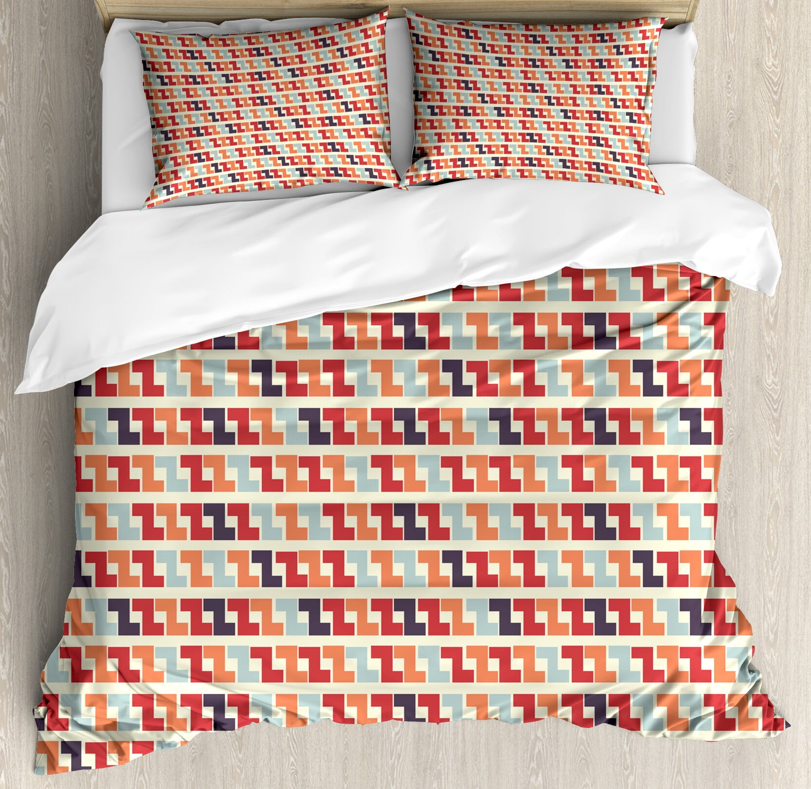Colorful Duvet Cover Set, Retro Geometric Shaped Composition with ...