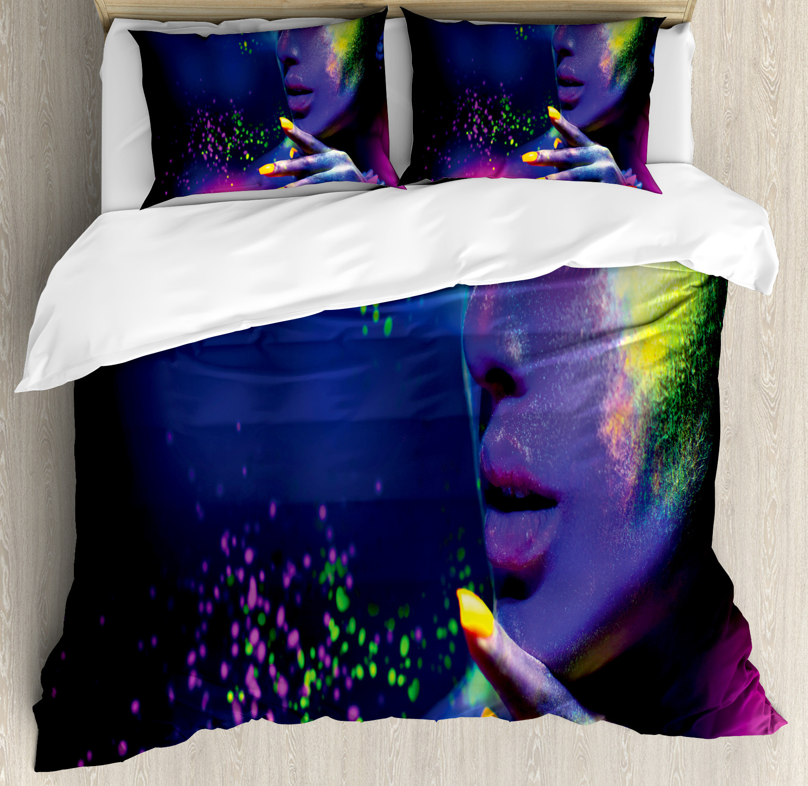 Colorful Duvet Cover Set, Silhouette of a Woman with Closed Eyes and ...