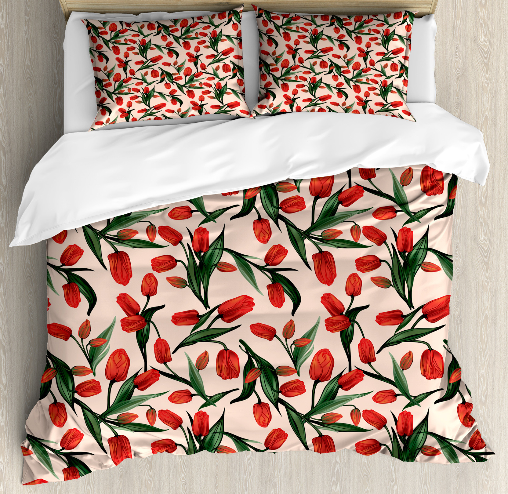 Colorful Duvet Cover Set, Vermilion Colored Tulip Flowers and Leaves ...