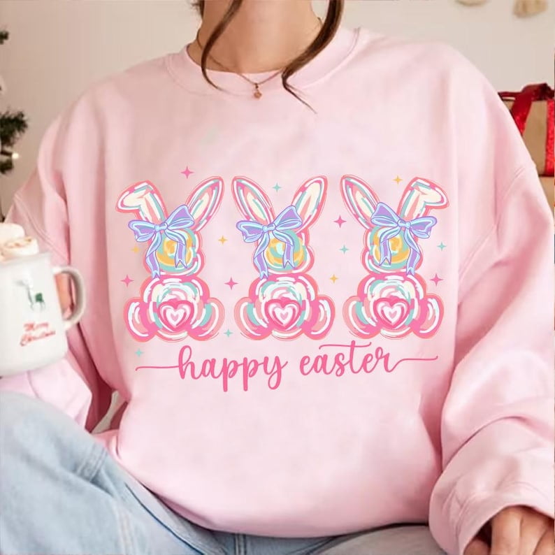 Colorful Easter Bunny Sweater, Happy Spring Easter Brushstroke Coquette ...