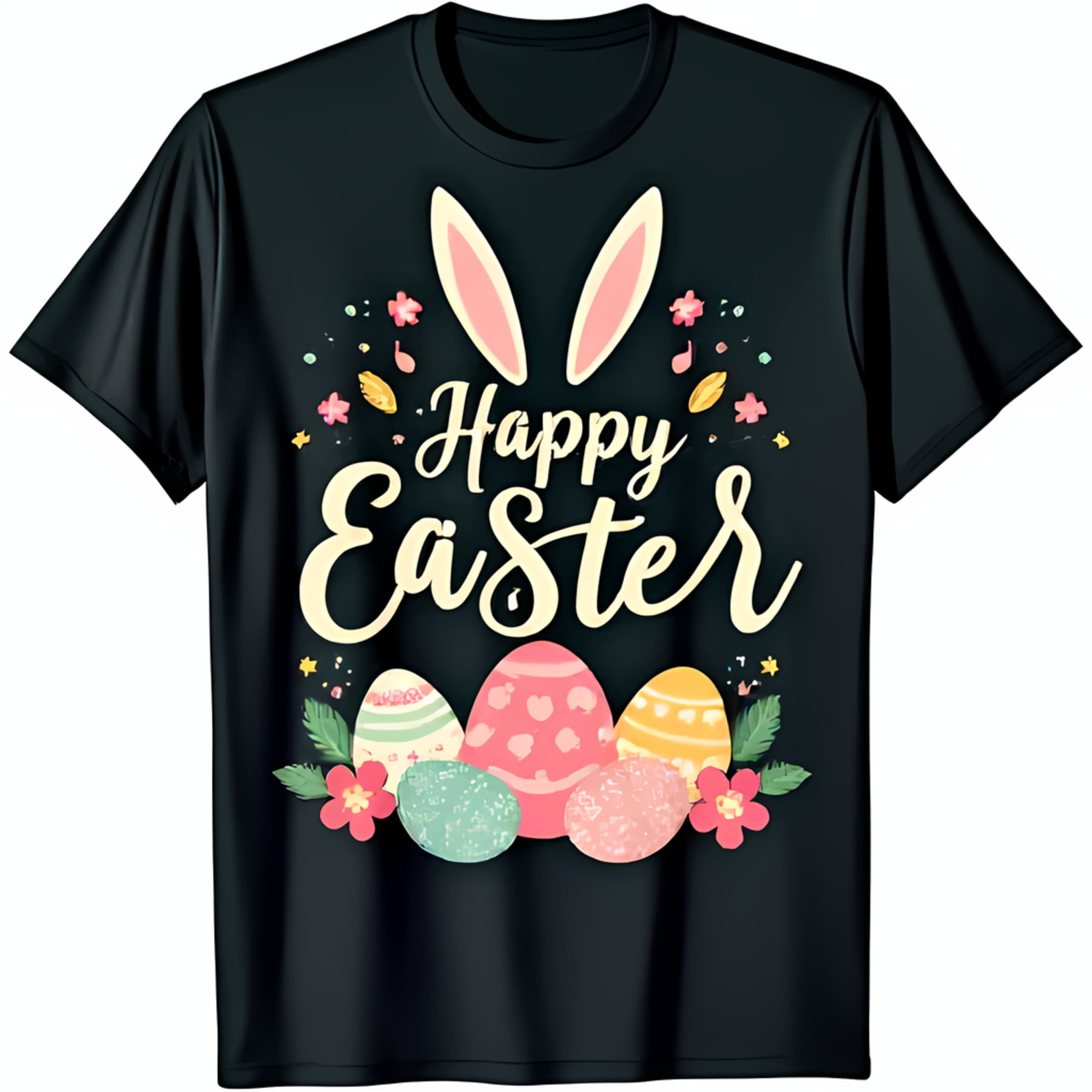 Colorful Easter Ears & Eggs Black T-Shirt Happy Easter Design for ...