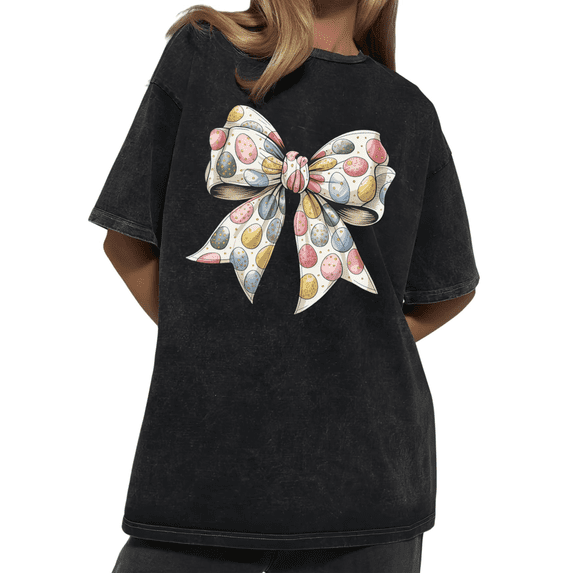 Colorful Easter Egg Bow Wash Print Tshirt S-2XL Vintage Black Graphic ...