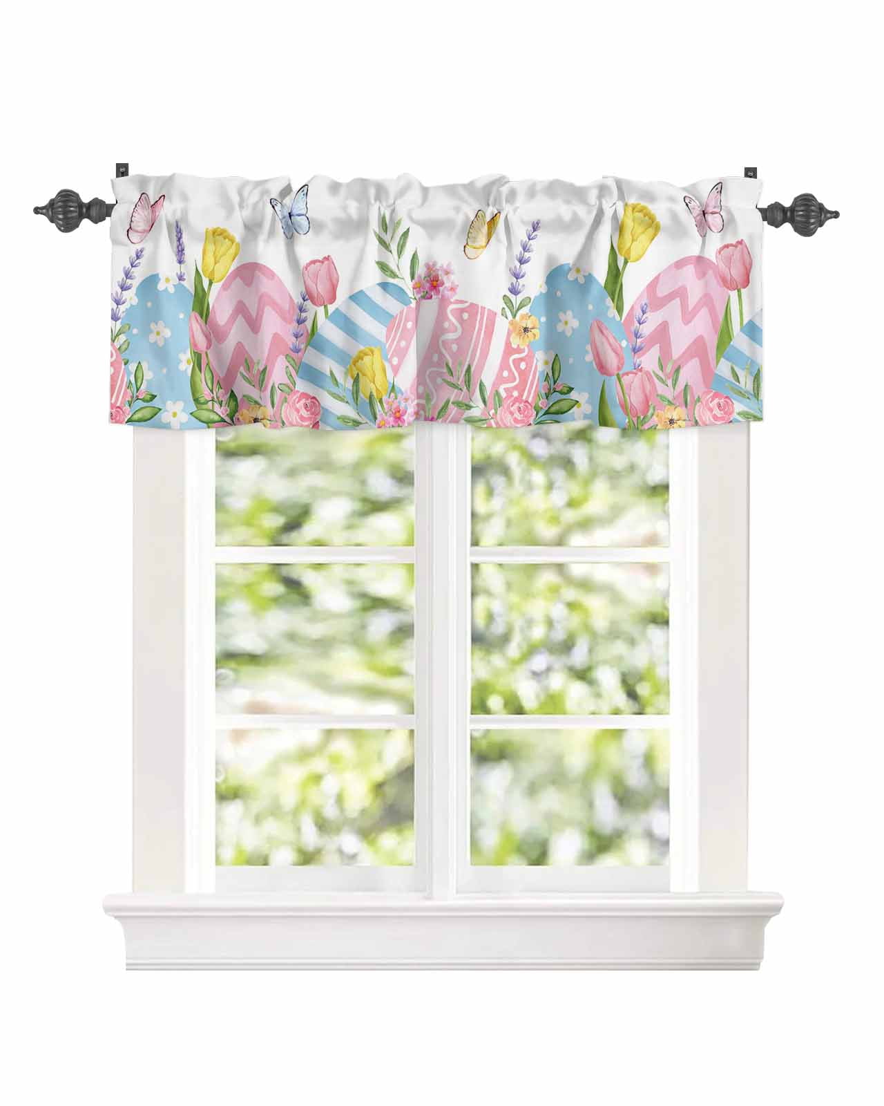 Colorful Easter Egg Floral Tulip Window Valances for Kitchen,Rod Pocket ...