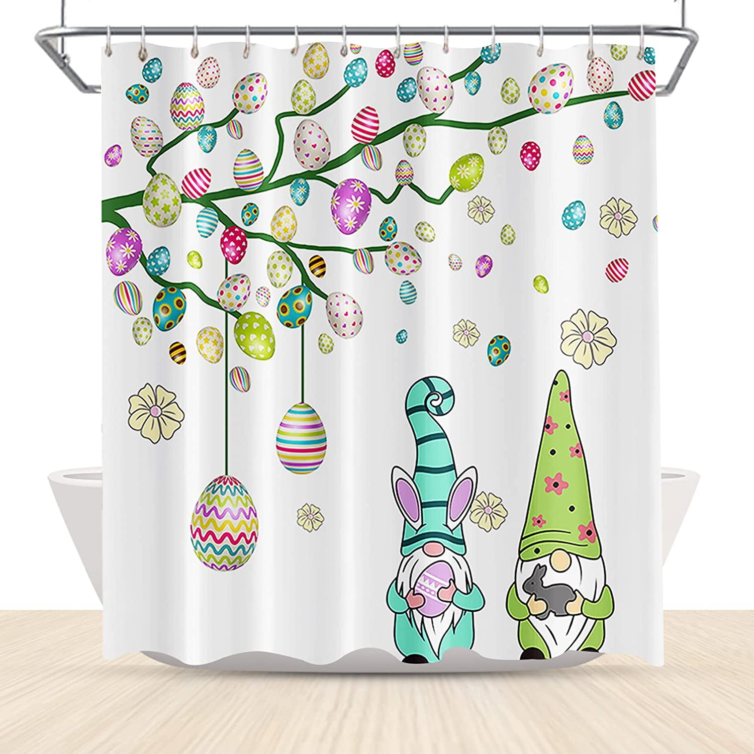 Colorful Easter Egg Shower Curtain for Kids Flowers Cute Easter Gnome ...