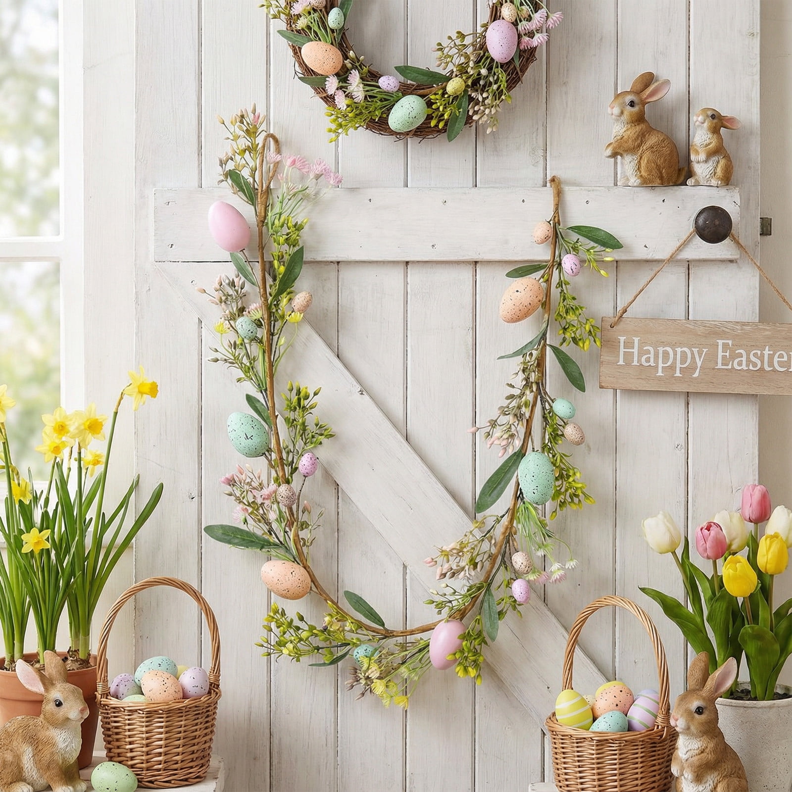 Colorful Easter Egg Vine Wreath - Artificial Greenery Garland with Faux ...