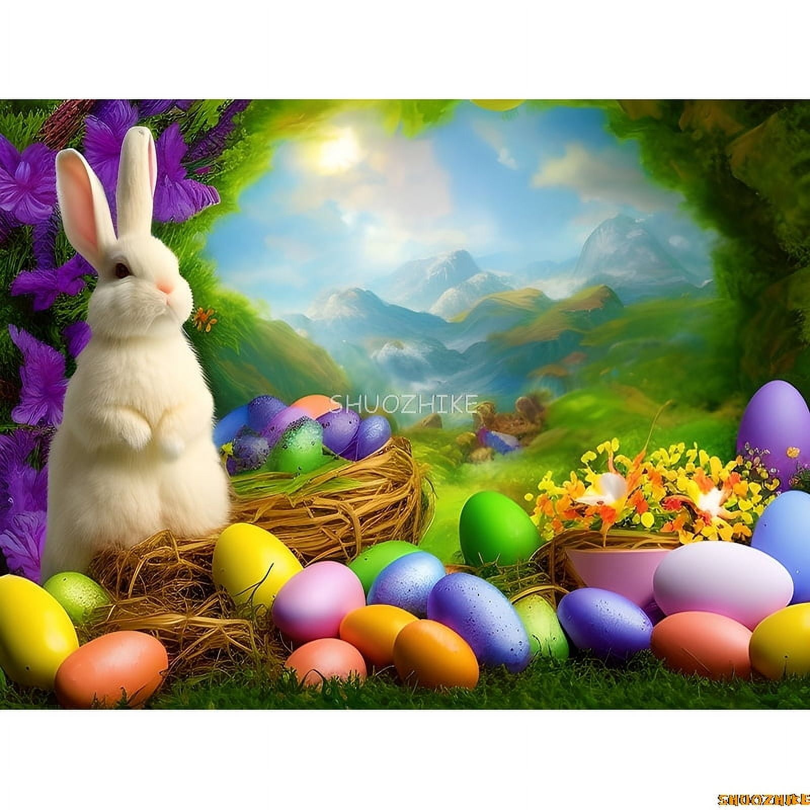 Colorful Easter Sce Background Spring Eggs And The Cute Rabbits On The ...