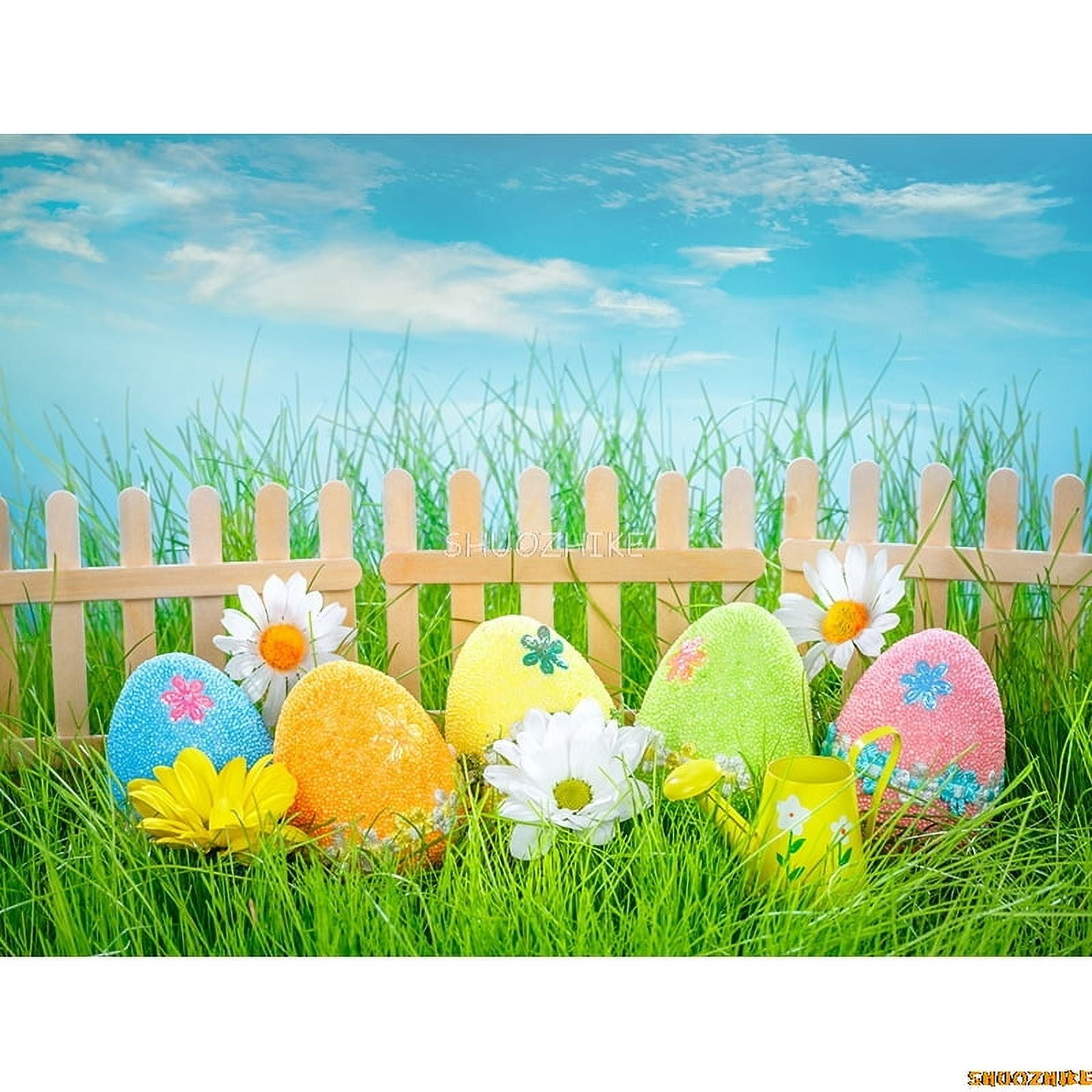 Colorful Easter Sce Background Spring Eggs And The Cute Rabbits On The ...
