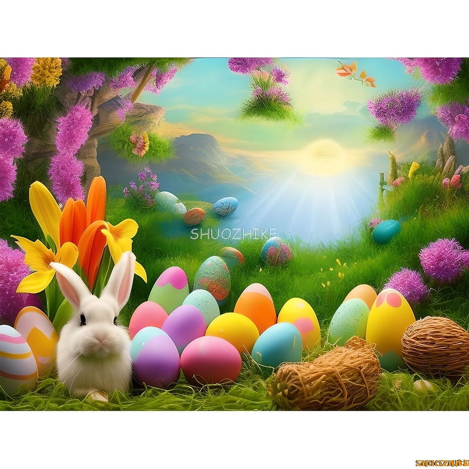 Colorful Easter Sce Background Spring Eggs And The Cute Rabbits On The ...
