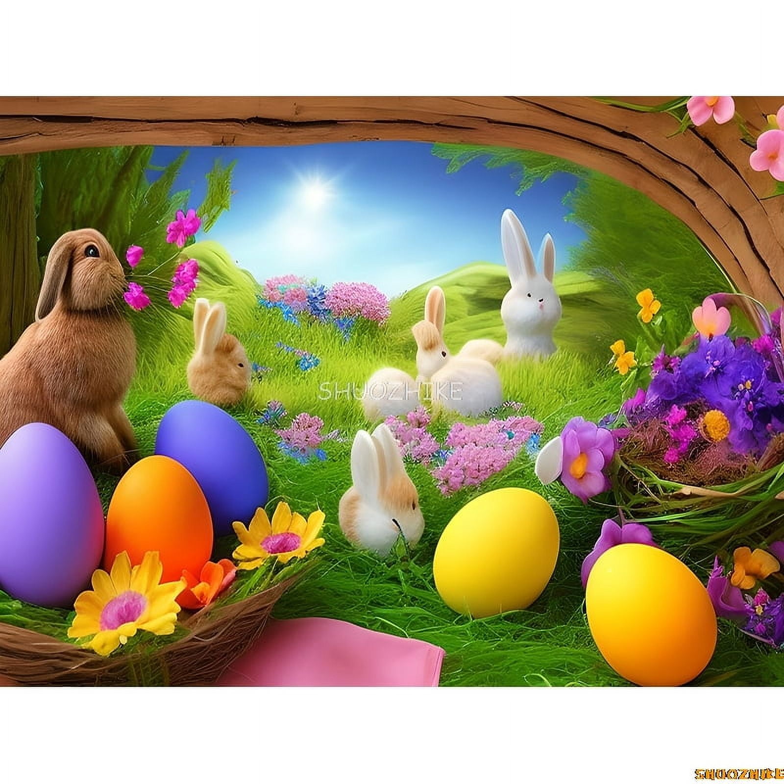 Colorful Easter Sce Background Spring Eggs And The Cute Rabbits On The ...