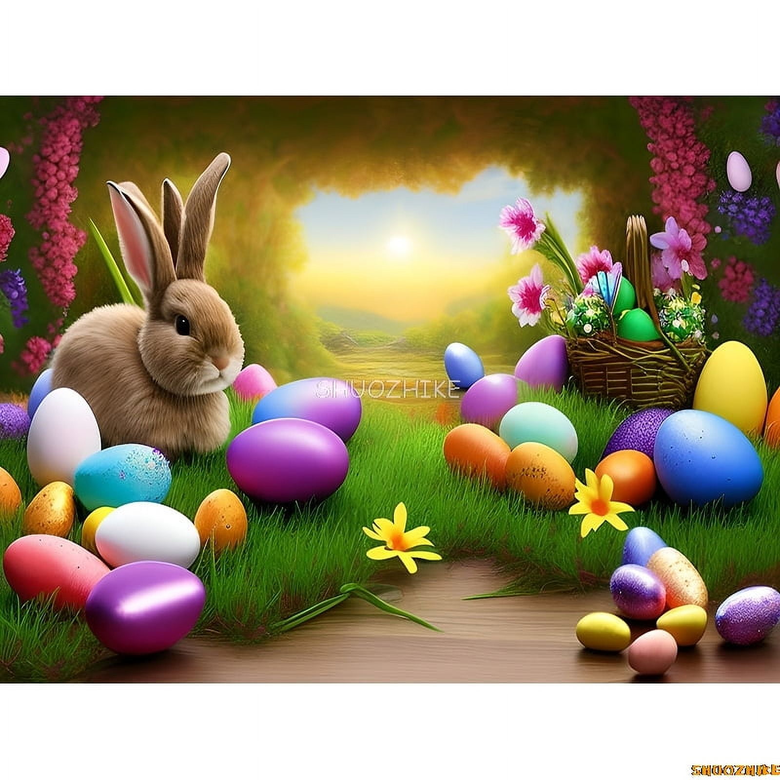 Colorful Easter Sce Background Spring Eggs And The Cute Rabbits On The ...