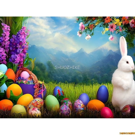 Colorful Easter Sce Background Spring Eggs And The Cute Rabbits On The ...