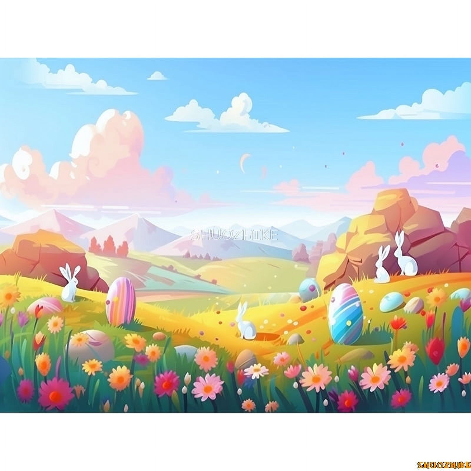 Colorful Easter Sce Background Spring Eggs And The Cute Rabbits On The ...