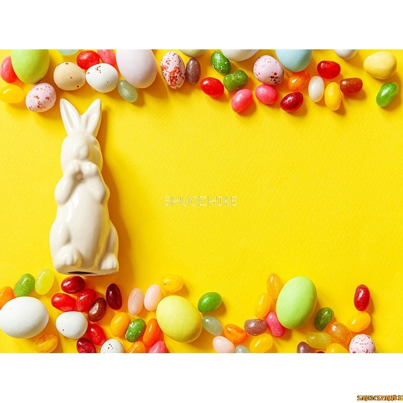 Colorful Easter Sce Background Spring Eggs And The Cute Rabbits On The ...