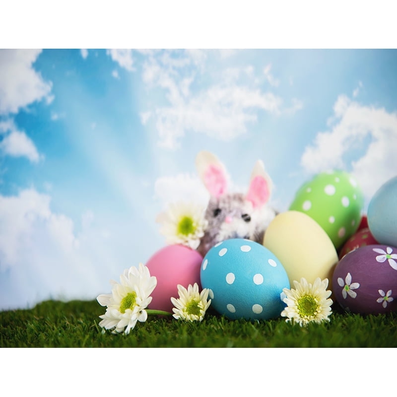Colorful Easter Scene Background Spring Eggs And The Cute Rabbits On ...
