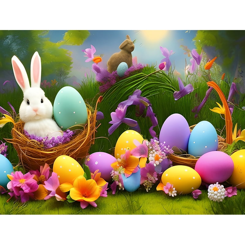 Colorful Easter Scene Background Spring Eggs And The Cute Rabbits On ...