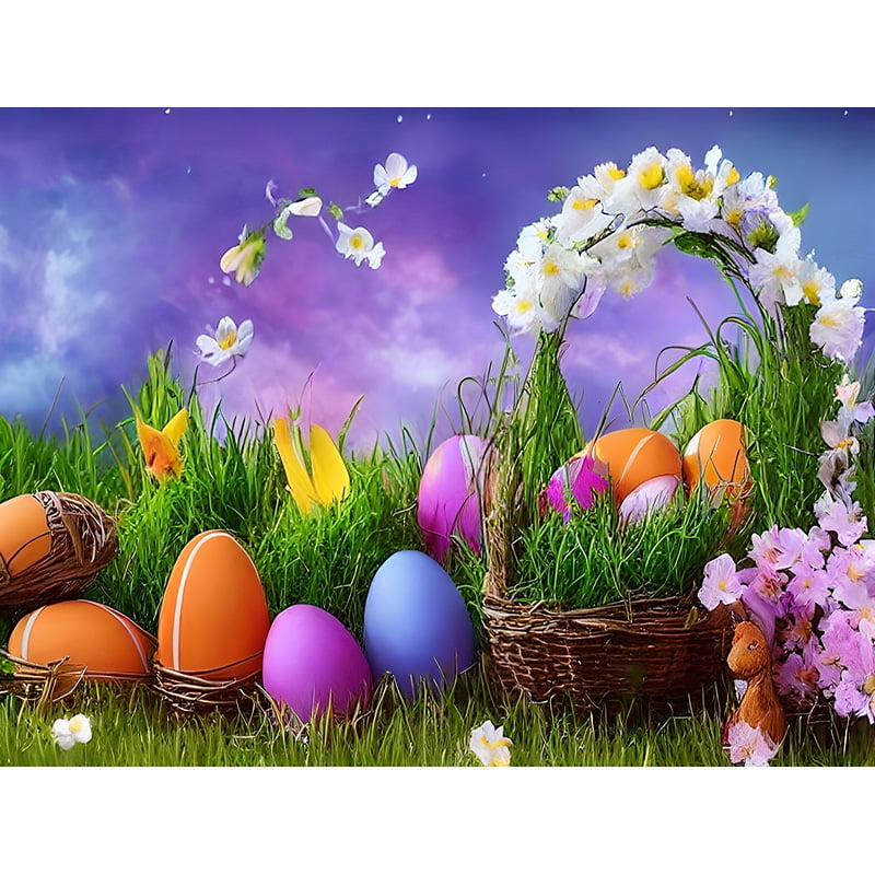 Colorful Easter Scene Background Spring Eggs And The Cute Rabbits On ...