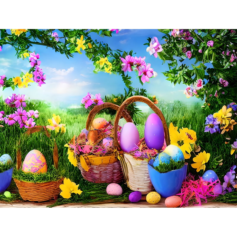 Colorful Easter Scene Background Spring Eggs And The Cute Rabbits On ...