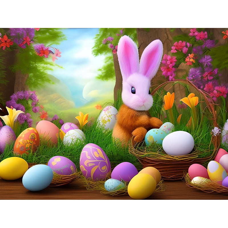Colorful Easter Scene Background Spring Eggs And The Cute Rabbits On ...