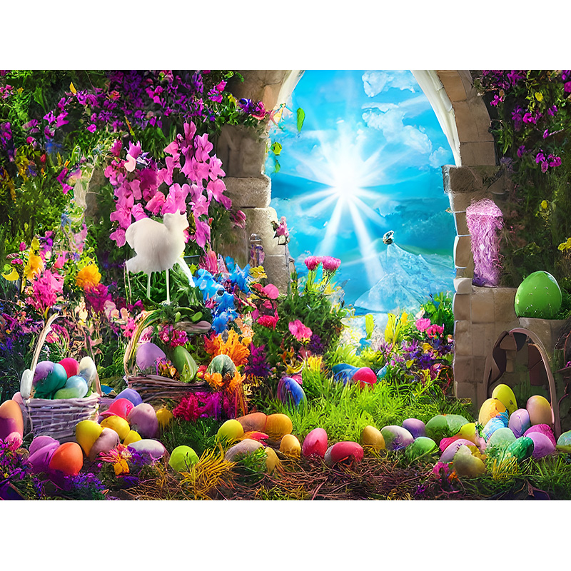 Colorful Easter Scene Background Spring Eggs And The Cute Rabbits On ...