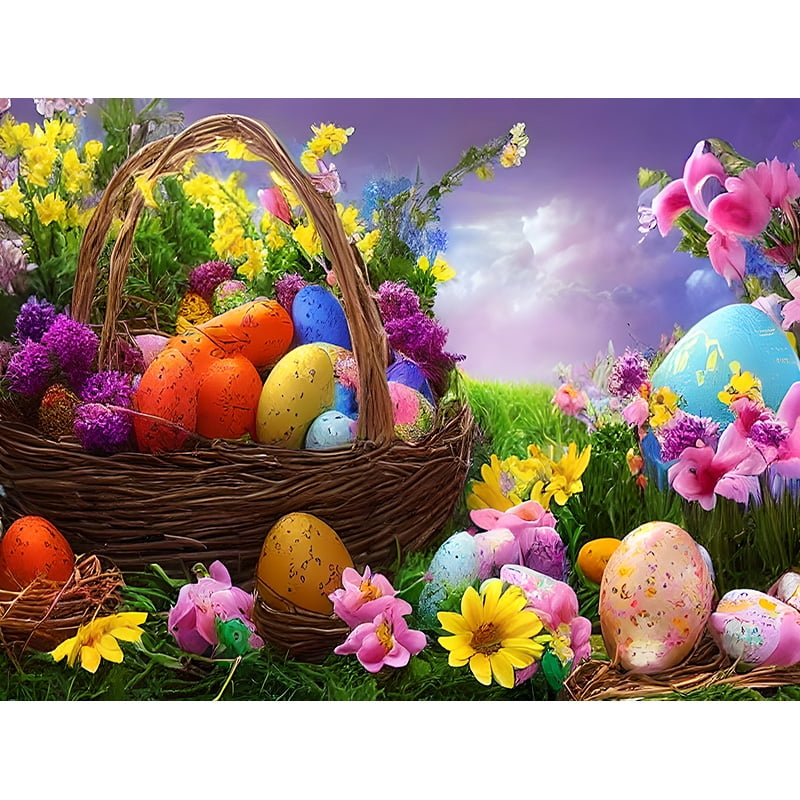 Colorful Easter Scene Background Spring Eggs And The Cute Rabbits On ...
