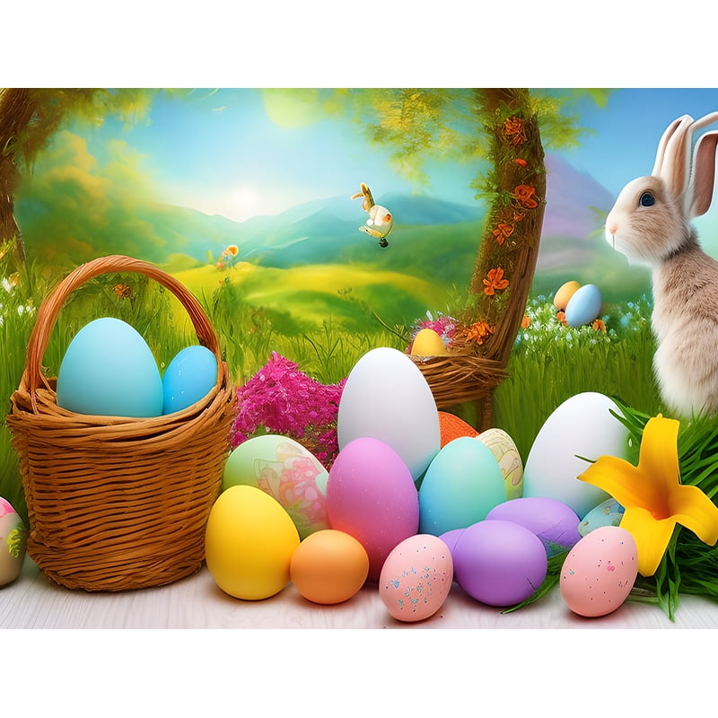 Colorful Easter Scene Background Spring Eggs And The Cute Rabbits On ...