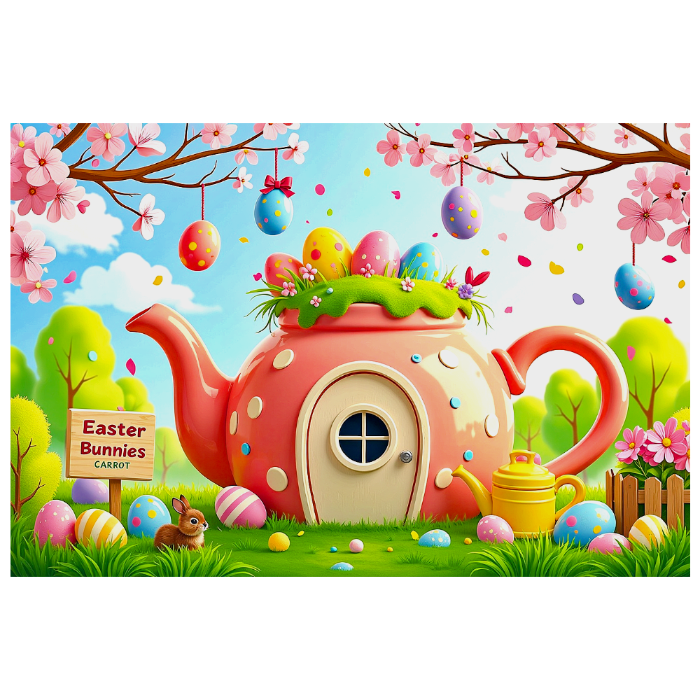 Colorful Easter Themed Banner with Bunny Eggs and Teapot House Backdrop ...