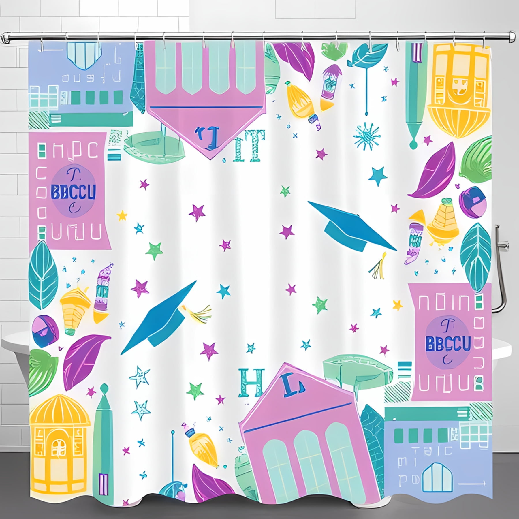 Colorful Educational Shower Curtain with Graduation Stars and Festive ...