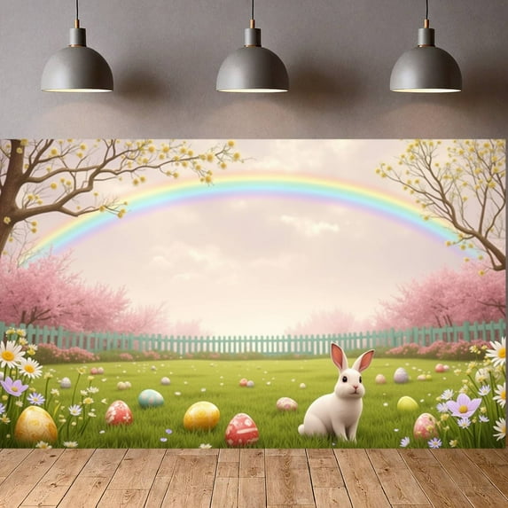 Colorful Eggs Easter Banner Cherry Blossom Spring Backdrop Rainbow Cute ...