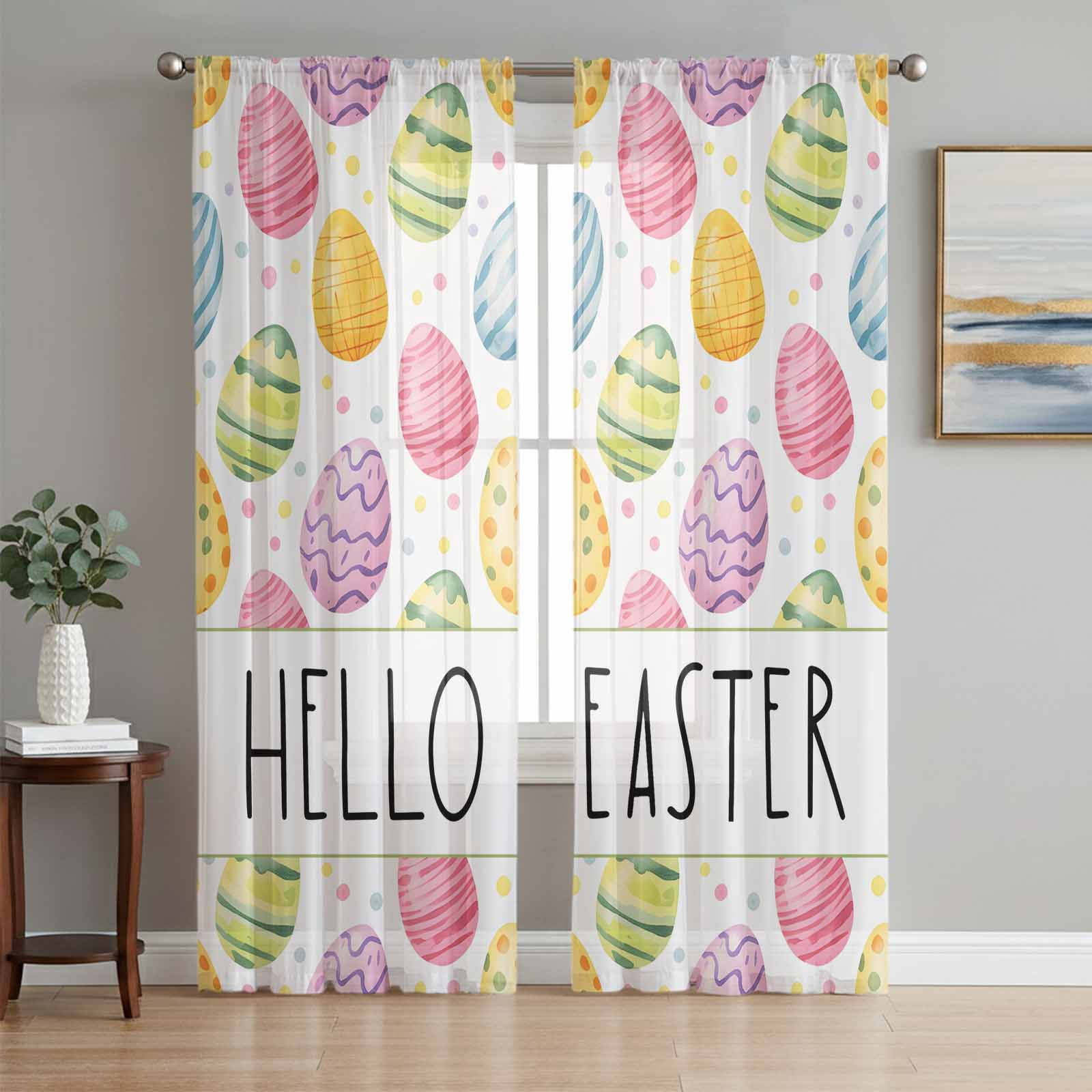 Colorful Eggs Easter Sheer Curtains 108 Inch Length 2 Panels Set Window ...